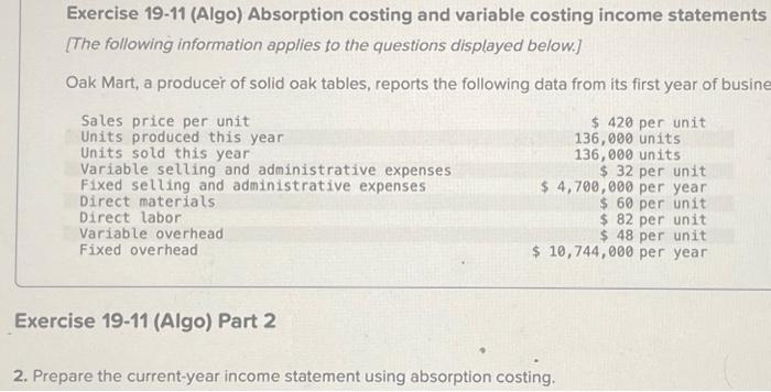 Solved Exercise 19-11 (Algo) Absorption costing and variable | Chegg.com