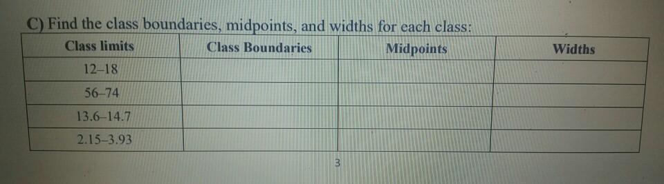 Solved C) Find the class boundaries, midpoints, and widths | Chegg.com