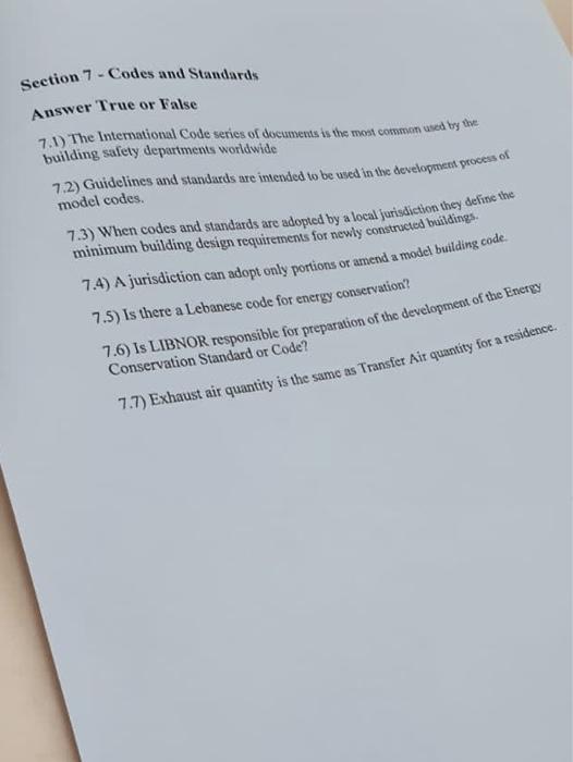 Solved Section 7 - Codes and Standards Answer True or False | Chegg.com
