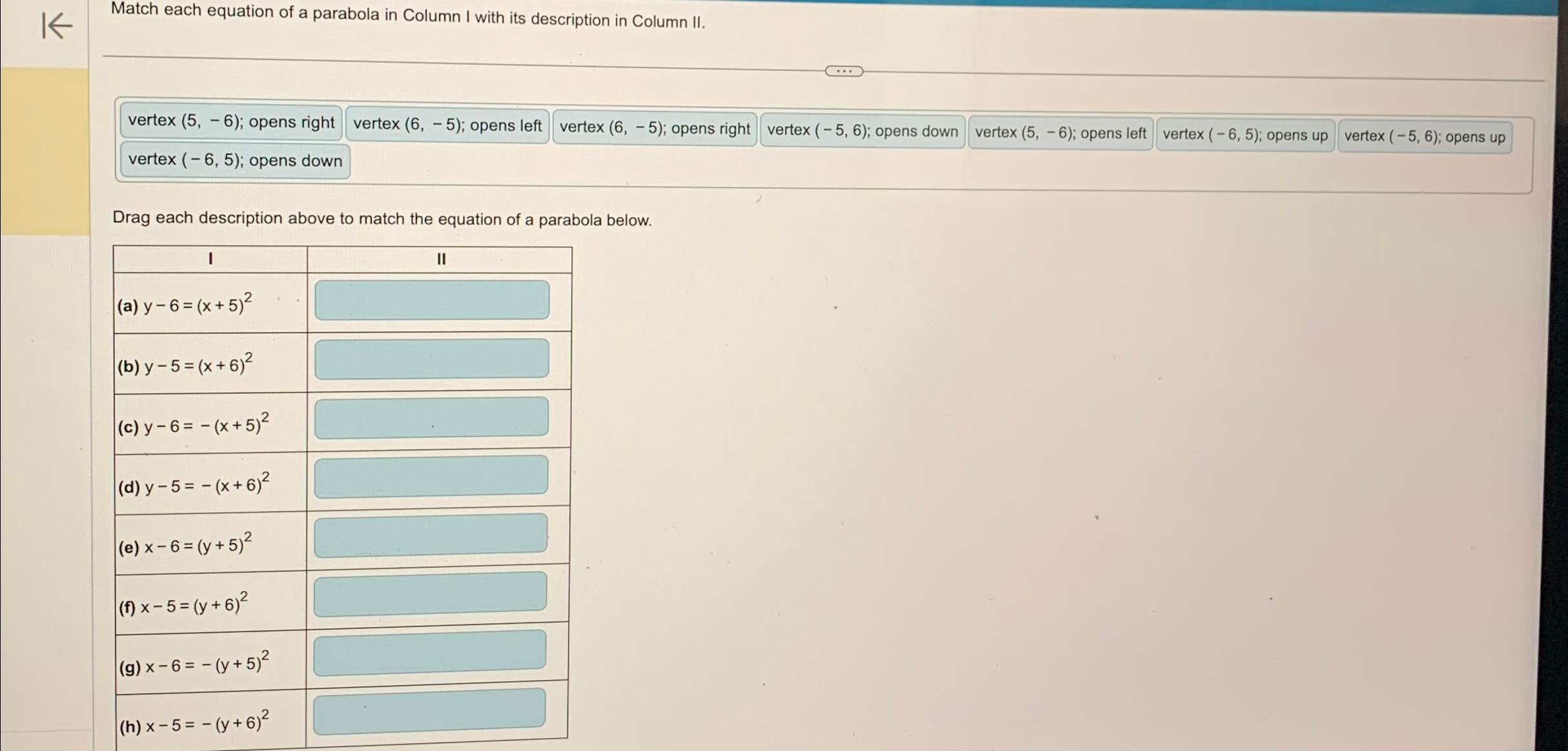 Solved Match each equation of a parabola in Column I with | Chegg.com