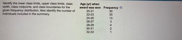 Solved Identify the lower class limits, upper class limits, | Chegg.com