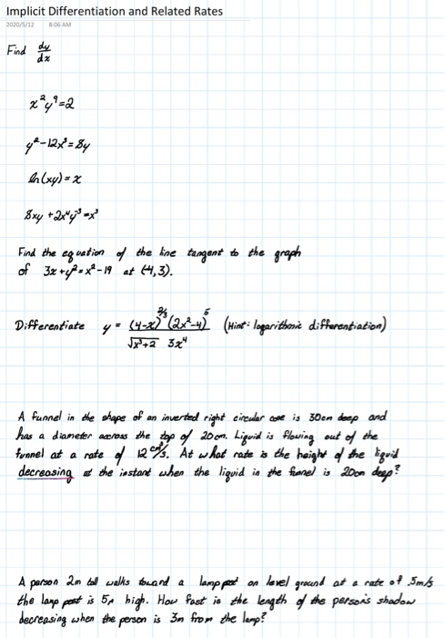 Solved Implicit Differentiation and Related Rates 2020/5/12 | Chegg.com