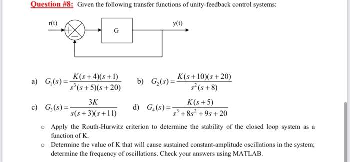 Solved Question \#8: Given the following transfer functions | Chegg.com
