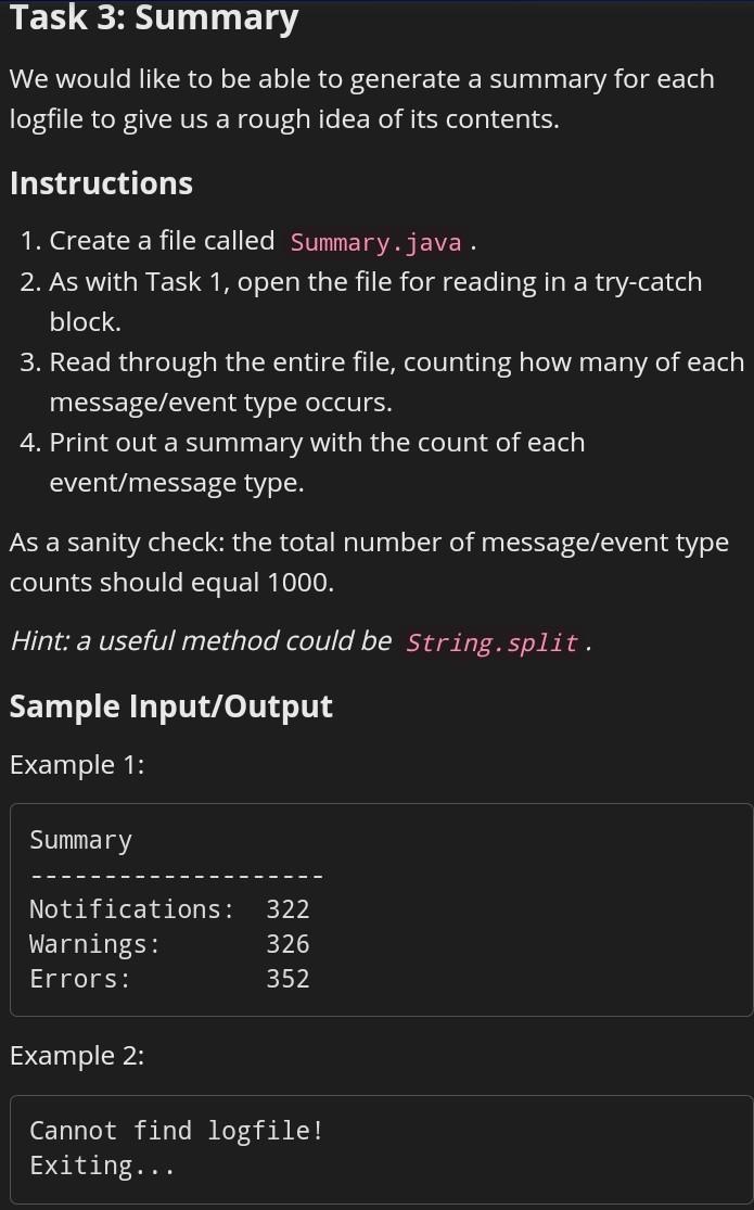 Solved Task 3: Summary We would like to be able to generate | Chegg.com
