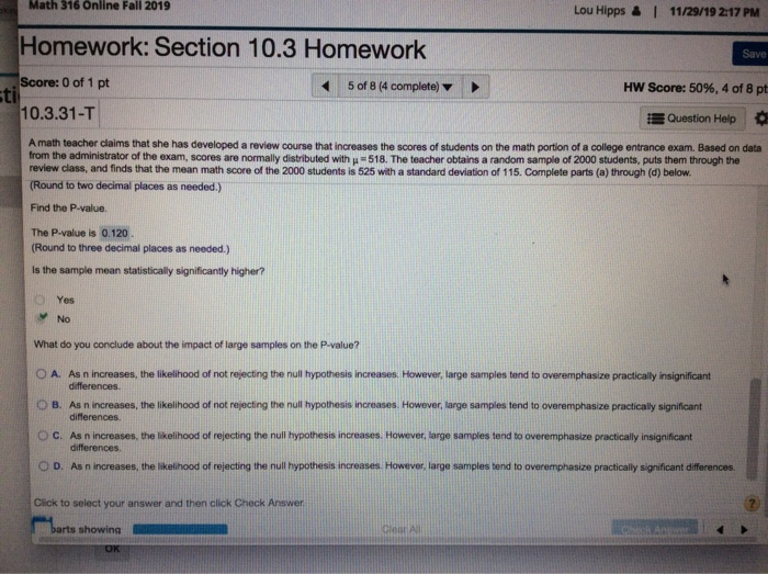 Solved Math 316 Online Fall 2019 Lou Hipps I 11/29/19 2:17 | Chegg.com