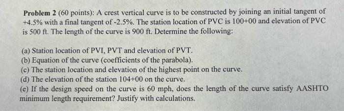 Solved Problem 2 ( 60 points): A crest vertical curve is to | Chegg.com