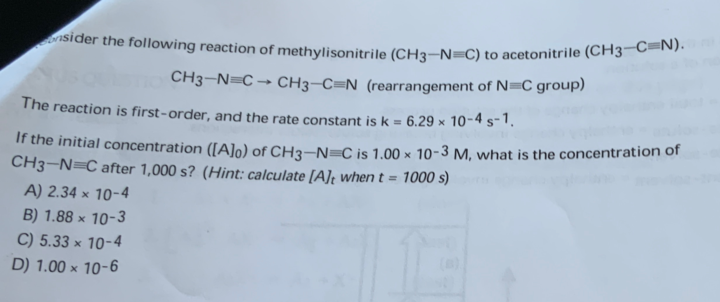 Solved onsider the following reaction of methylisonitrile | Chegg.com