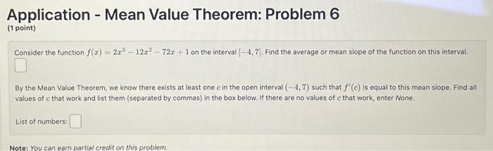 Solved Application - Mean Value Theorem: Problem 4 (1 point) | Chegg.com