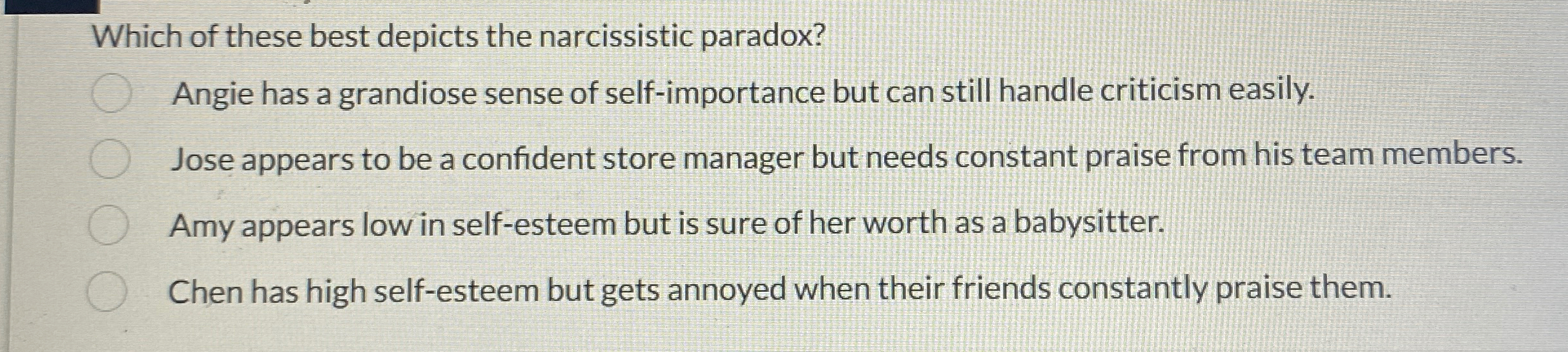 Solved Which of these best depicts the narcissistic | Chegg.com