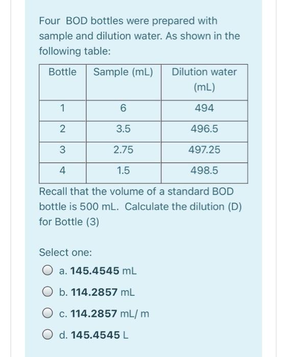Solved Four BOD bottles were prepared with sample and | Chegg.com