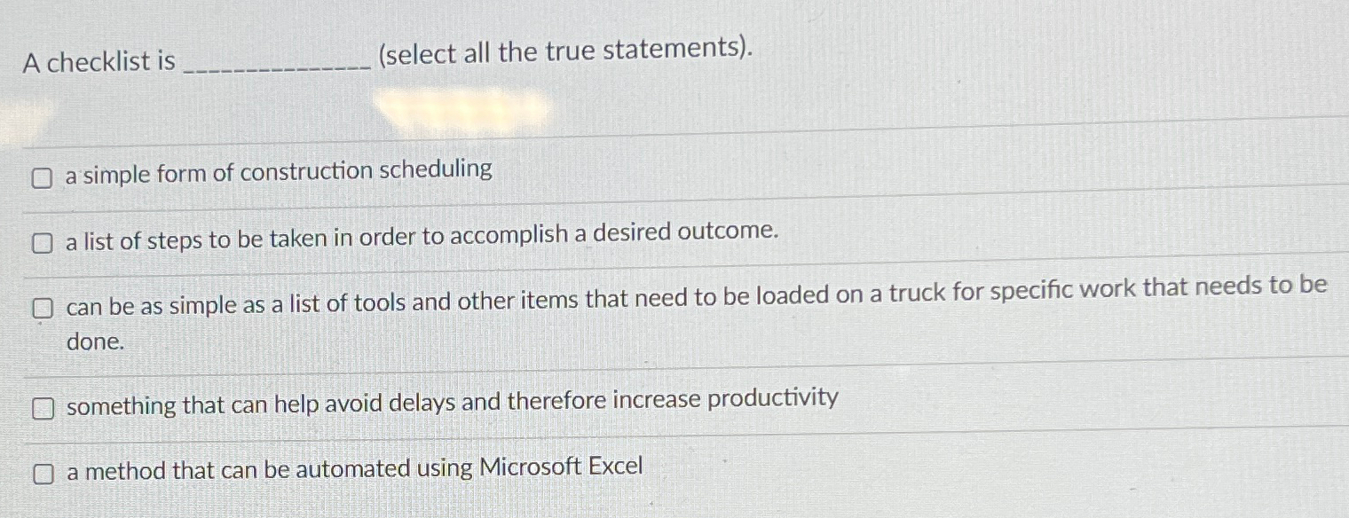 Solved A checklist is(select all the true statements).a | Chegg.com
