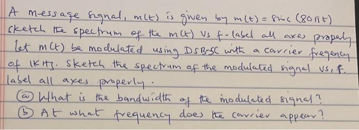 Solved A message signal, m(t) is given by m(t)=sinc(80πt) | Chegg.com
