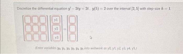 Solved Discretize the differential equation y′−2ty=2t,y(5)=2 | Chegg.com | Chegg.com