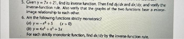 Solved 5. Given y=7x+21, find its inverse function. Then | Chegg.com