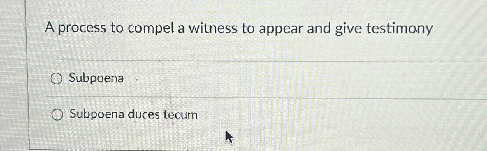 Solved A process to compel a witness to appear and give | Chegg.com
