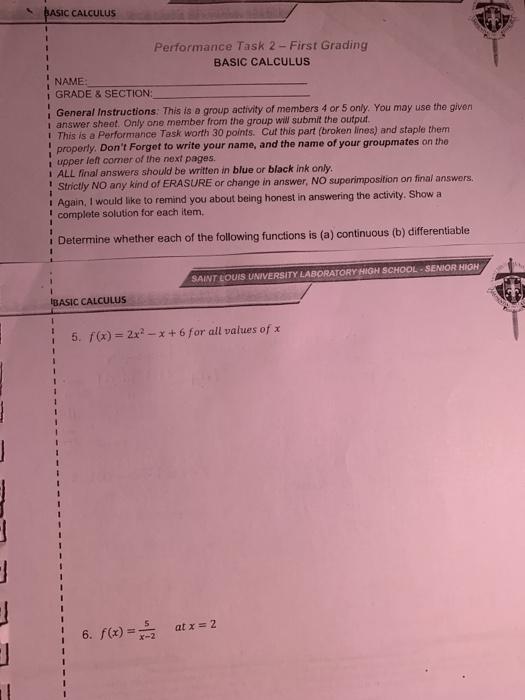 Solved BASIC CALCULUS 1 1 Performance Task 2 - First Grading | Chegg.com