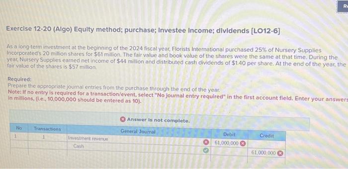 Solved Exerclse 12-20 (Algo) Equity method; purchase; | Chegg.com