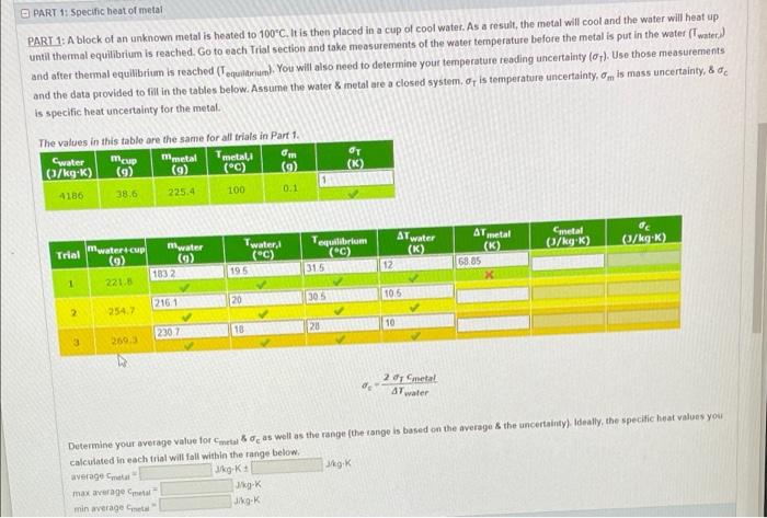 PART 1: Specific heat of metal PART 1: A block of an | Chegg.com