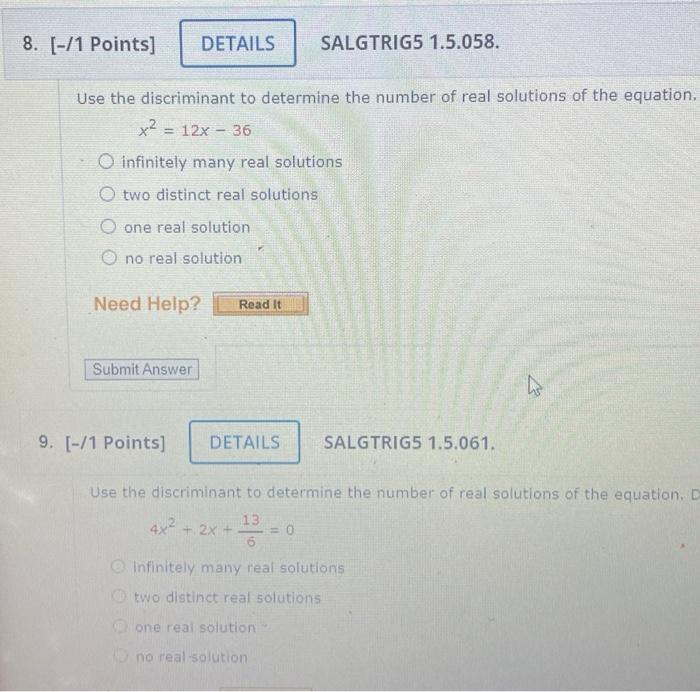 Solved Use the discriminant to determine the number of real | Chegg.com
