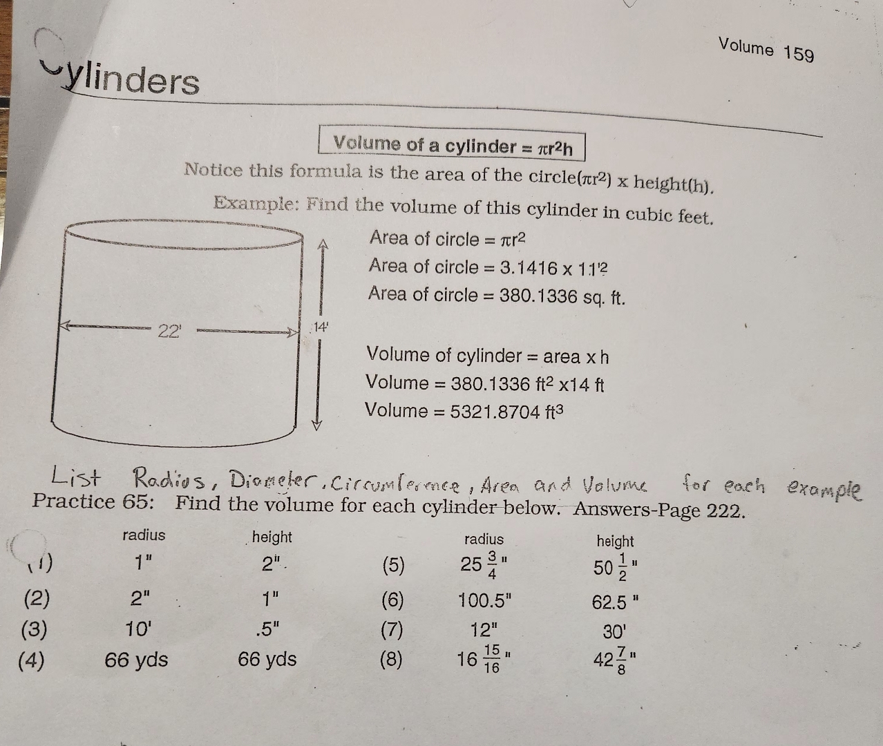 Solved Volume 159ylindersVolume of a cylinder =πr2hNotice | Chegg.com