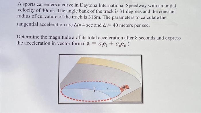Solved A sports car enters a curve in Daytona International | Chegg.com