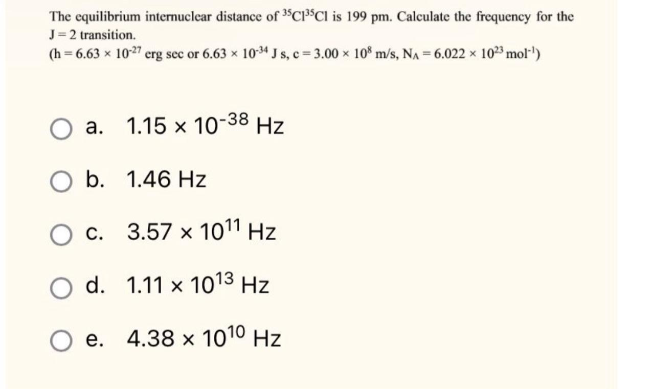 The equilibrium internuclear distance of ?35Cl35Cl | Chegg.com