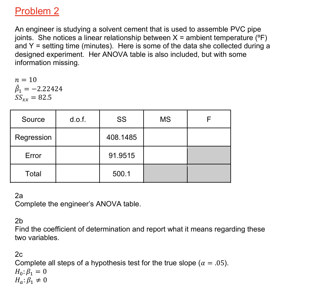 Problem 2An engineer is studying a solvent cement | Chegg.com Problem 2An engineer is studying a solvent cement | Chegg.com