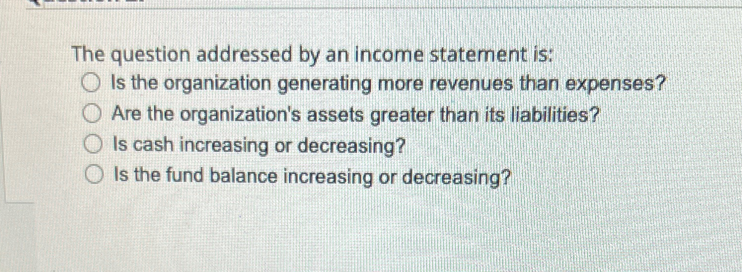 Solved The question addressed by an income statement is: Is | Chegg.com