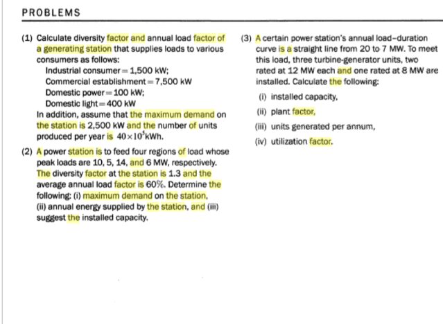 Solved PROBLEMS (1) Calculate diversity factor and annual | Chegg.com