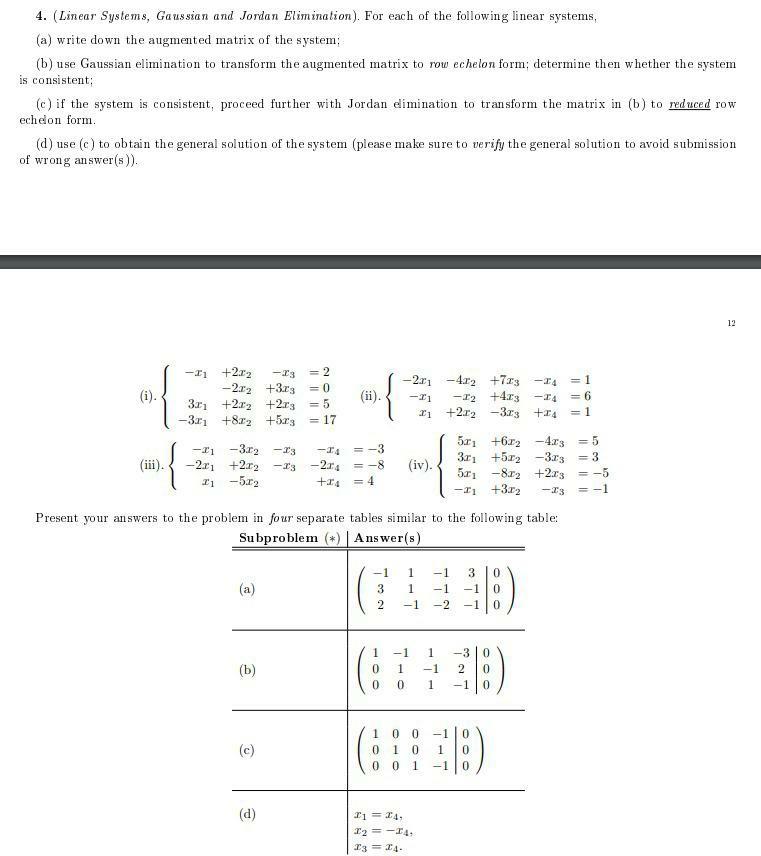 Solved 4. (Linear Systems, Gaussian and Jordan Elimination). | Chegg.com