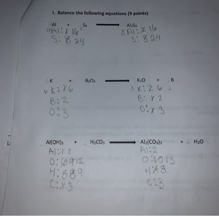 Solved I.Balance the following equations (9 points) AI S8 | Chegg.com