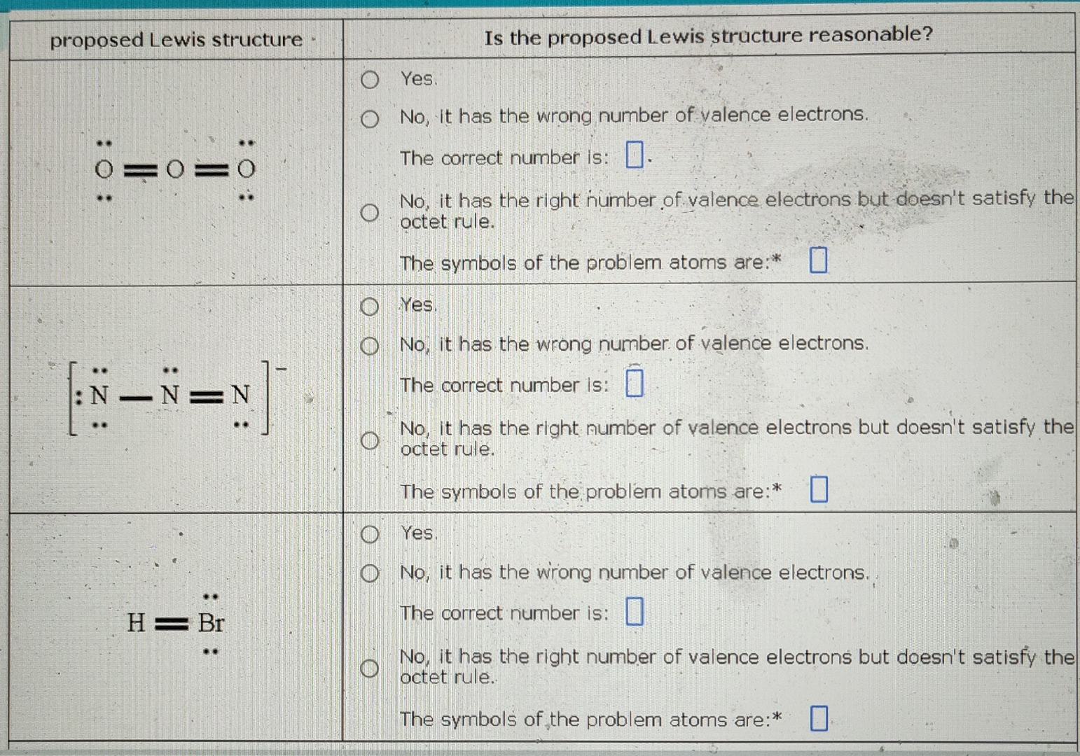 Solved proposed Lewis structureO=00:N–N=NH=BrOOYes.No, ﻿it | Chegg.com