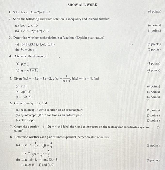 Solved 1. Solve for x:∣3x−2∣−8=3 (4 points) 2. Solve the | Chegg.com