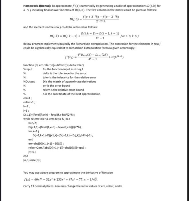 Solved Homework 3(Bonus): To approximate f′(x) numerically | Chegg.com