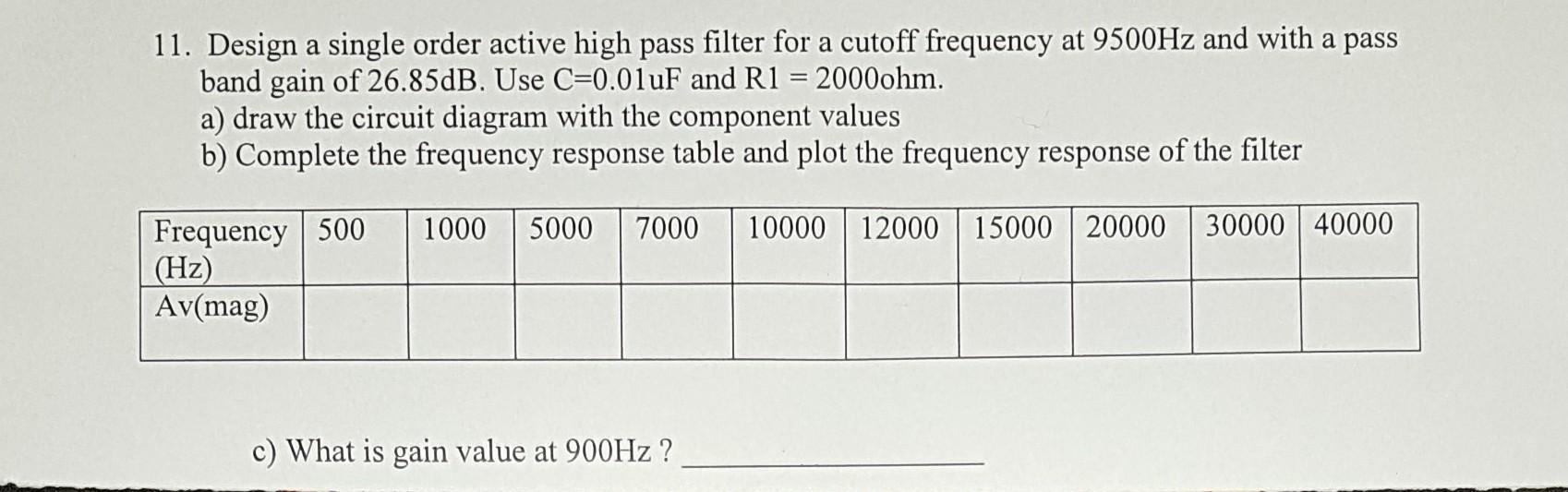 Solved 11. Design a single order active high pass filter for | Chegg.com