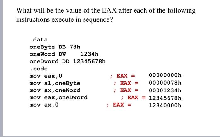 Solved What will be the value of the EAX after each of the | Chegg.com