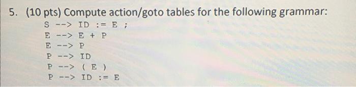 Solved 5. (10 pts) Compute action/goto tables for the | Chegg.com