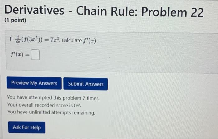 Solved Derivatives - Chain Rule: Problem 22 (1 point) If | Chegg.com