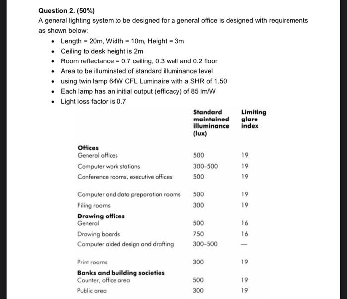 Solved Question 2 (50%) A general lighting system to be | Chegg.com