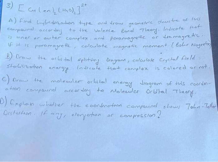 Solved 3) [Cu(en)2(H2O)2]2+ A) Find Lipbidization type and | Chegg.com