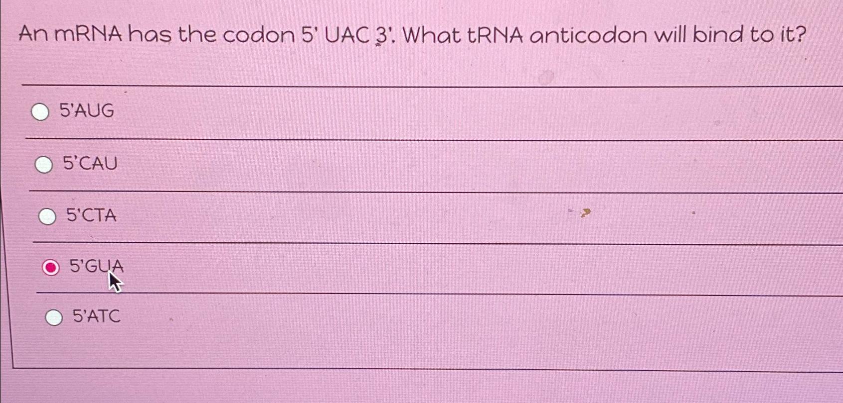 Solved An mRNA has the codon 5' ﻿UAC 3'. ﻿What tRNA | Chegg.com