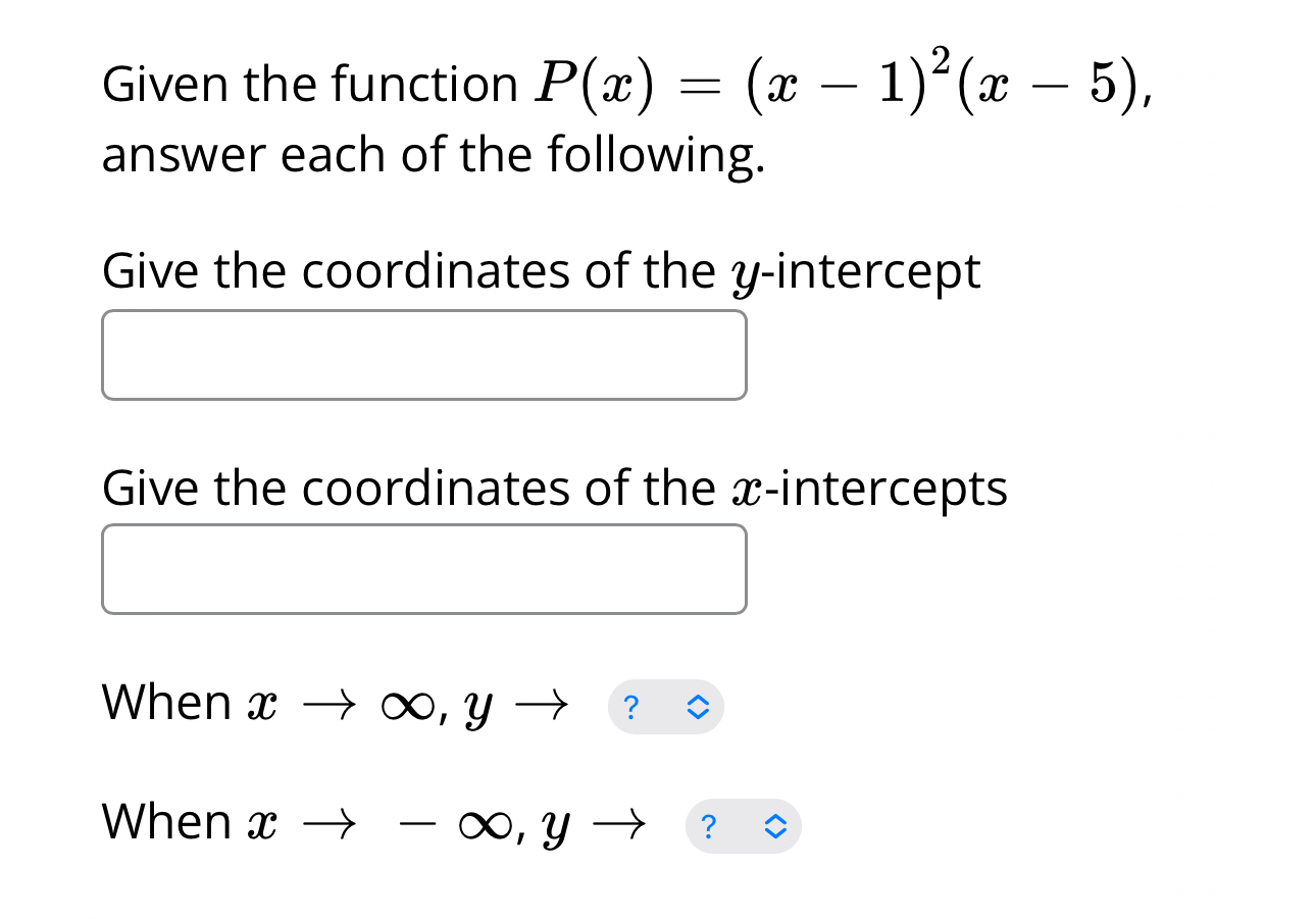 Solved Given the function P(x)=(x-1)2(x-5), answer each of | Chegg.com Solved Given the function P(x)=(x-1)2(x-5), answer each of | Chegg.com
