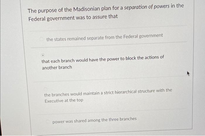 Solved The purpose of the Madisonian plan for a separation | Chegg.com