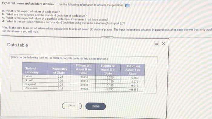 Solved Expected return and standard deviation Use the | Chegg.com