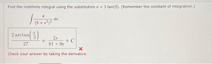Solved Find the indefinite integral using the substitution | Chegg.com