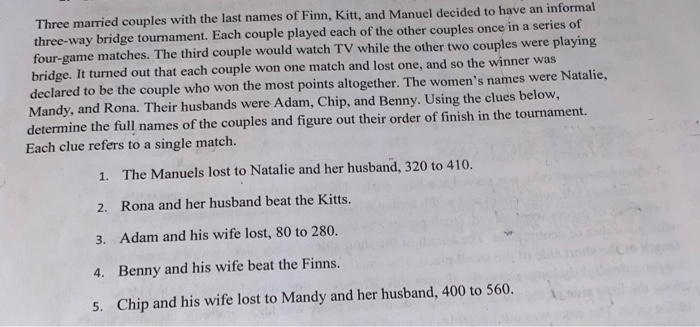 Three married couples with the last names of Finn, | Chegg.com