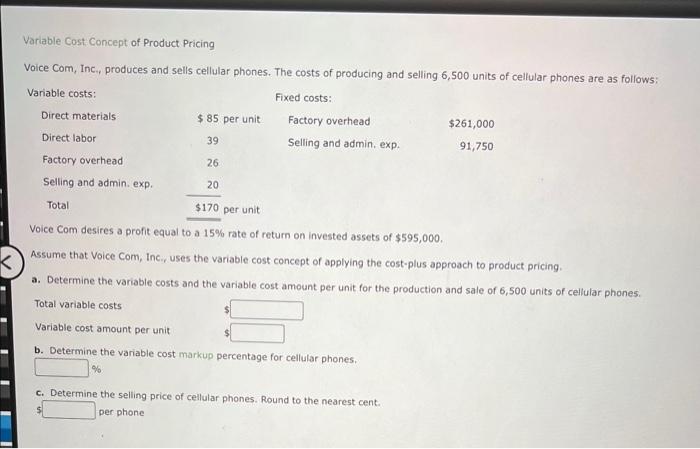 Solved Variable Cost Concept of Product Pricing Voice Com, | Chegg.com