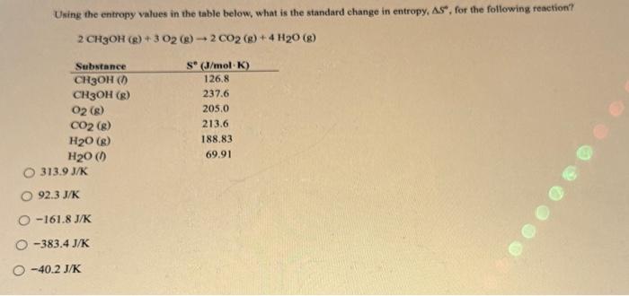 Using the entropy values in the table below, what is | Chegg.com