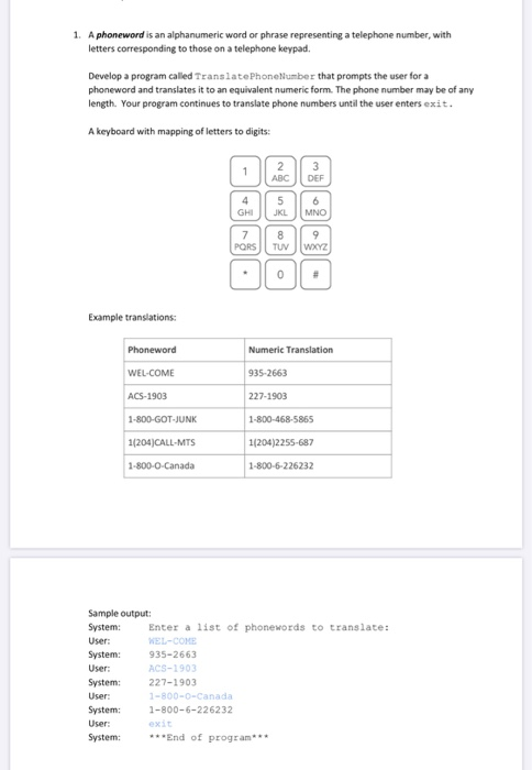 Solved 1. A phoneword is an alphanumeric word or phrase | Chegg.com