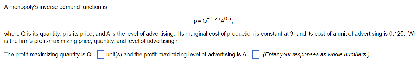 Solved A monopoly's inverse demand function | Chegg.com